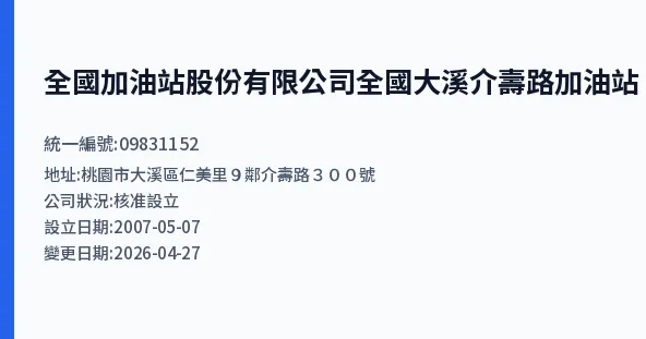 全國加油站股份有限公司全國大溪介壽路加油站的照片-統編 09831152(桃園市) 公司登記資料與營業項目詳細圖表