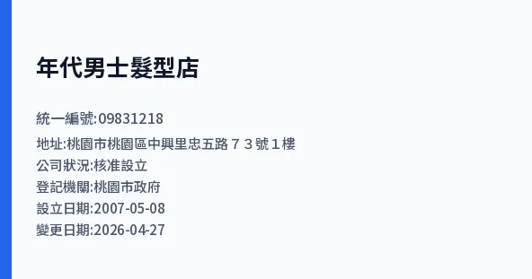 年代男士髮型店的照片-統編 09831218(桃園市) 公司登記資料與營業項目詳細圖表