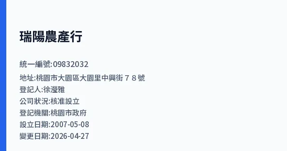 瑞陽農產行的照片-統編 09832032(桃園市) 公司登記資料與營業項目詳細圖表