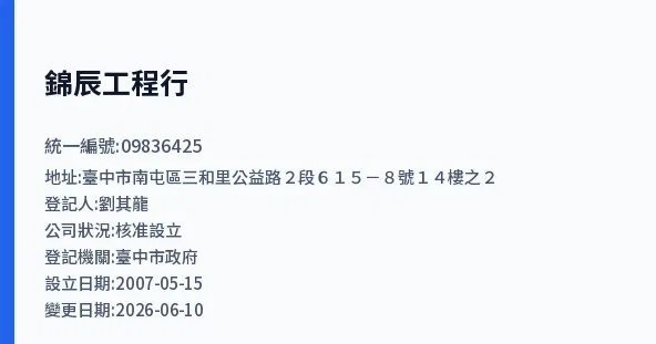 錦辰工程行的照片-統編 09836425(臺中市) 公司登記資料與營業項目詳細圖表