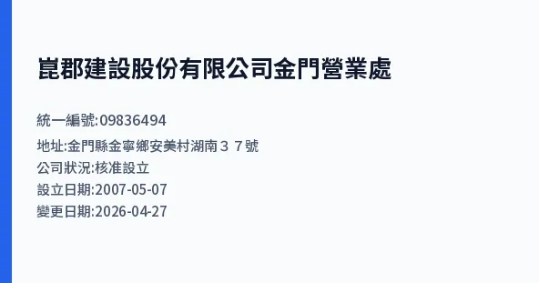 崑郡建設股份有限公司金門營業處的照片-統編 09836494(金門縣) 公司登記資料與營業項目詳細圖表