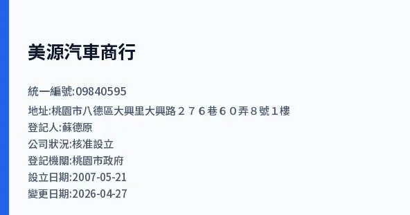 美源汽車商行的照片-統編 09840595(桃園市) 公司登記資料與營業項目詳細圖表