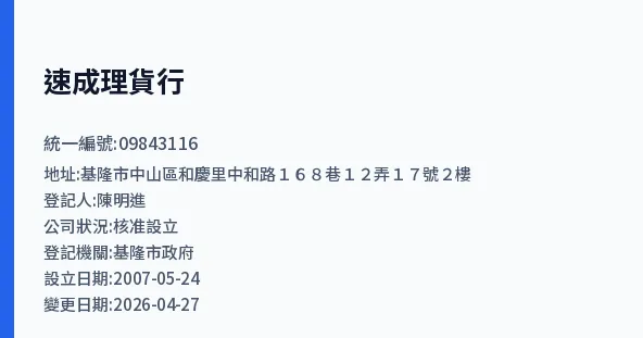 速成理貨行的照片-統編 09843116(基隆市) 公司登記資料與營業項目詳細圖表