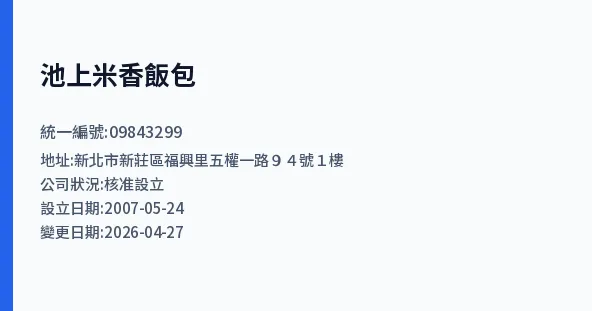 池上米香飯包的照片-統編 09843299(新北市) 公司登記資料與營業項目詳細圖表