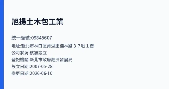 旭揚土木包工業的照片-統編 09845607(新北市) 公司登記資料與營業項目詳細圖表