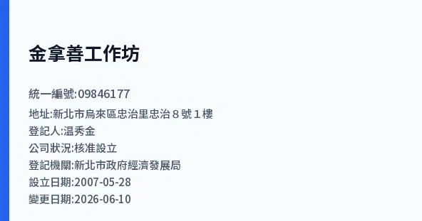 金拿善工作坊的照片-統編 09846177(新北市) 公司登記資料與營業項目詳細圖表