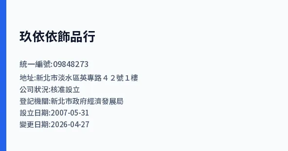 玖依依飾品行的照片-統編 09848273(新北市) 公司登記資料與營業項目詳細圖表