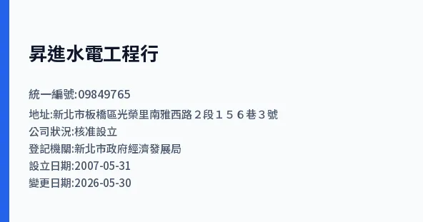 昇進水電工程行的照片-統編 09849765(新北市) 公司登記資料與營業項目詳細圖表