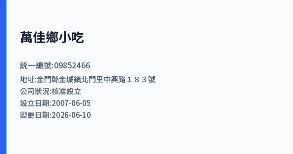 萬佳鄉小吃的照片-統編 09852466(金門縣) 公司登記資料與營業項目詳細圖表