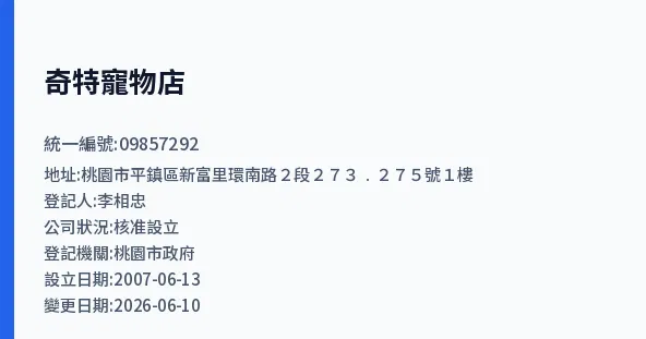奇特寵物店的照片-統編 09857292(桃園市) 公司登記資料與營業項目詳細圖表
