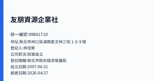 友朋資源企業社的照片-統編 09861710(新北市) 公司登記資料與營業項目詳細圖表