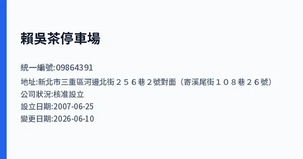 賴吳茶停車場的照片-統編 09864391(新北市) 公司登記資料與營業項目詳細圖表