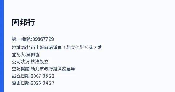 固邦行的照片-統編 09867799(新北市) 公司登記資料與營業項目詳細圖表