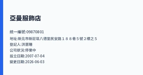 亞曼服飾店的照片-統編 09870801(新北市) 公司登記資料與營業項目詳細圖表
