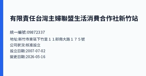 有限責任台灣主婦聯盟生活消費合作社新竹站的照片-統編 09872337(新竹市) 公司登記資料與營業項目詳細圖表