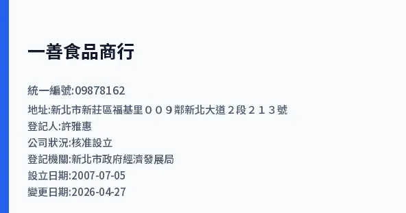 一善食品商行的照片-統編 09878162(新北市) 公司登記資料與營業項目詳細圖表
