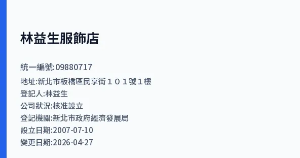林益生服飾店的照片-統編 09880717(新北市) 公司登記資料與營業項目詳細圖表