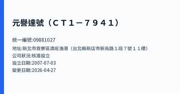 元譽達號(CT1-7941)的照片-統編 09881027(新北市) 公司登記資料與營業項目詳細圖表
