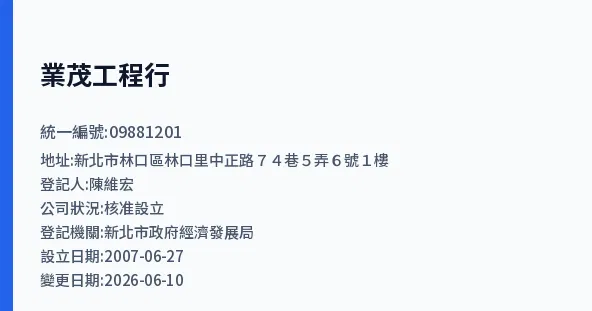 業茂工程行的照片-統編 09881201(新北市) 公司登記資料與營業項目詳細圖表