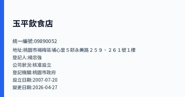 玉平飲食店的照片-統編 09890052(桃園市) 公司登記資料與營業項目詳細圖表