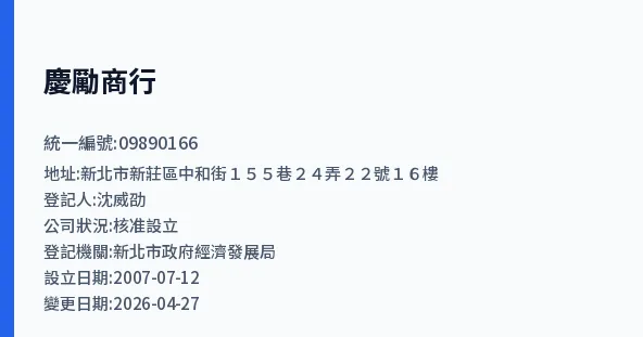 慶勵商行的照片-統編 09890166(新北市) 公司登記資料與營業項目詳細圖表