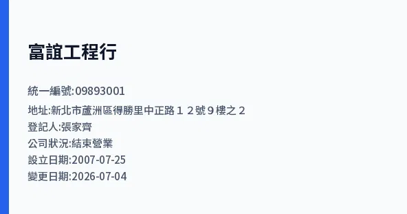 富誼工程行的照片-統編 09893001(新北市) 公司登記資料與營業項目詳細圖表