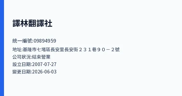 譯林翻譯社的照片-統編 09894959(基隆市) 公司登記資料與營業項目詳細圖表