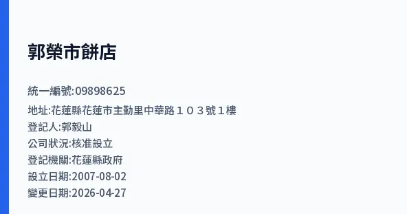 郭榮市餅店的照片-統編 09898625(花蓮縣) 公司登記資料與營業項目詳細圖表