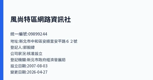 風尚特區網路資訊社的照片-統編 09899244(新北市) 公司登記資料與營業項目詳細圖表