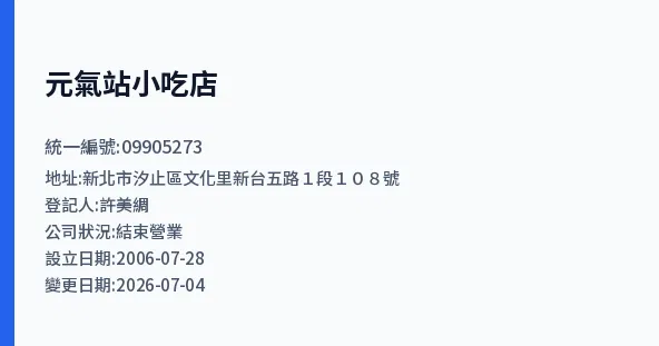 元氣站小吃店的照片-統編 09905273(新北市) 公司登記資料與營業項目詳細圖表