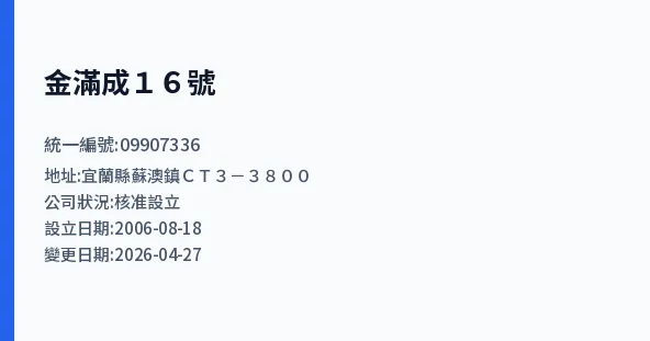 金滿成16號的照片-統編 09907336(宜蘭縣) 公司登記資料與營業項目詳細圖表