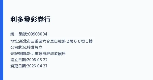 利多發彩券行的照片-統編 09908004(新北市) 公司登記資料與營業項目詳細圖表