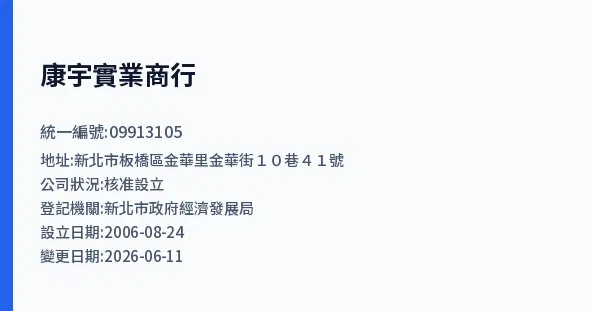 康宇實業商行的照片-統編 09913105(新北市) 公司登記資料與營業項目詳細圖表