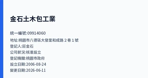金石土木包工業的照片-統編 09914060(桃園市) 公司登記資料與營業項目詳細圖表
