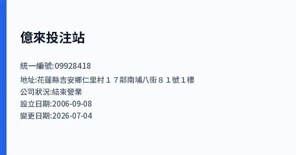 億來投注站的照片-統編 09928418(花蓮縣) 公司登記資料與營業項目詳細圖表