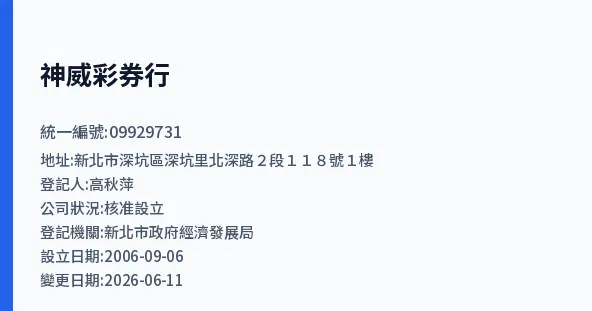 神威彩券行的照片-統編 09929731(新北市) 公司登記資料與營業項目詳細圖表