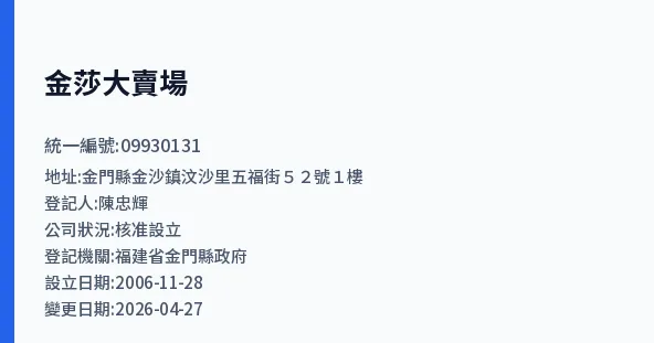 金莎大賣場的照片-統編 09930131(金門縣) 公司登記資料與營業項目詳細圖表