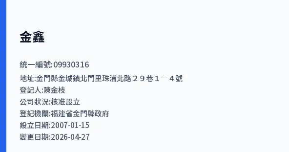 金鑫的照片-統編 09930316(金門縣) 公司登記資料與營業項目詳細圖表