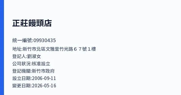 正莊饅頭店的照片-統編 09930435(新竹市) 公司登記資料與營業項目詳細圖表