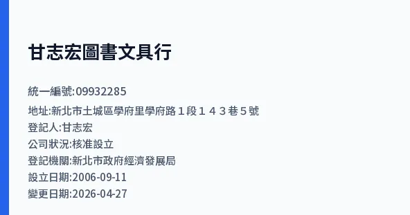 甘志宏圖書文具行的照片-統編 09932285(新北市) 公司登記資料與營業項目詳細圖表