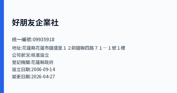 好朋友企業社的照片-統編 09935918(花蓮縣) 公司登記資料與營業項目詳細圖表