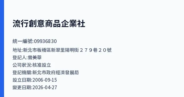 流行創意商品企業社的照片-統編 09936830(新北市) 公司登記資料與營業項目詳細圖表