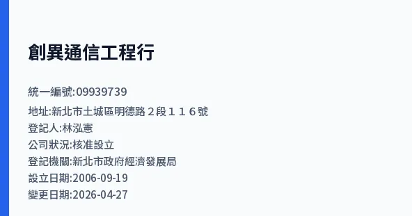 創異通信工程行的照片-統編 09939739(新北市) 公司登記資料與營業項目詳細圖表