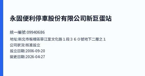 永固便利停車股份有限公司新巨蛋站的照片-統編 09940686(新北市) 公司登記資料與營業項目詳細圖表