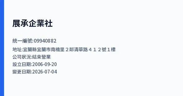 展承企業社的照片-統編 09940882(宜蘭縣) 公司登記資料與營業項目詳細圖表