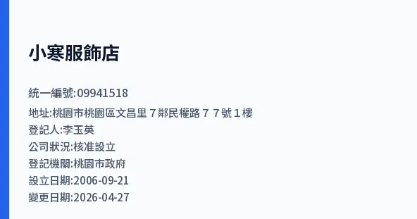 小寒服飾店的照片-統編 09941518(桃園市) 公司登記資料與營業項目詳細圖表