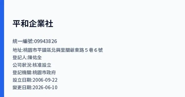 平和企業社的照片-統編 09943826(桃園市) 公司登記資料與營業項目詳細圖表
