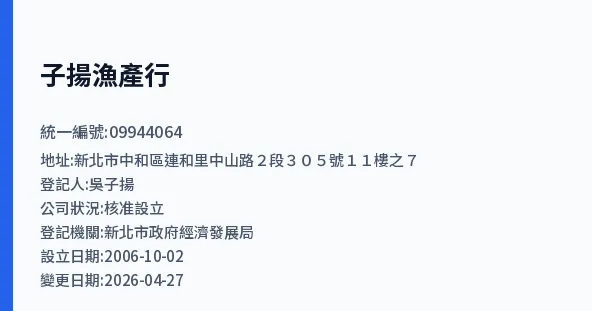 子揚漁產行的照片-統編 09944064(新北市) 公司登記資料與營業項目詳細圖表
