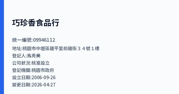 巧珍香食品行的照片-統編 09946112(桃園市) 公司登記資料與營業項目詳細圖表