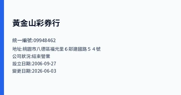 黃金山彩券行的照片-統編 09948462(桃園市) 公司登記資料與營業項目詳細圖表
